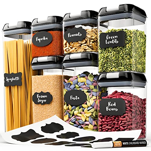 Airtight Food Storage Containers for Kitchen & Pantry Organization and Storage (7 Pack) - BPA Free Plastic Food Containers with Lock Lids - Sugar, Flour, Pasta & Cereal Canister with Labels & Marker