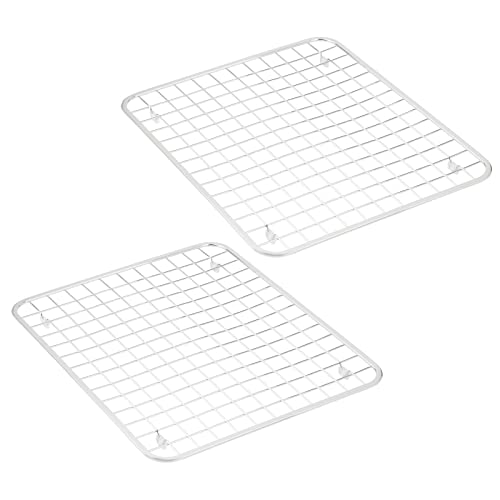 mDesign Modern Metal Wire Kitchen Sink Metal Dish Drying Rack/Mat - Steel Wire Grid Design - Allows Wine Glasses, Mugs, Bowls and Dishes to Drain in Sink - 2 Pack - White