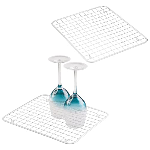 mDesign Modern Metal Wire Kitchen Sink Metal Dish Drying Rack/Mat - Steel Wire Grid Design - Allows Wine Glasses, Mugs, Bowls and Dishes to Drain in Sink - 2 Pack - White