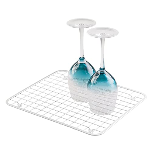 mDesign Modern Metal Wire Kitchen Sink Metal Dish Drying Rack/Mat - Steel Wire Grid Design - Allows Wine Glasses, Mugs, Bowls and Dishes to Drain in Sink - 2 Pack - White