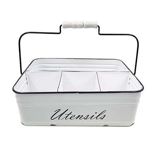 AWAHITAWA Utensil Caddy White Rustic Galvanized Metal Caddy, Farmhouse Kitchen Organizer with Comfortable Wooden Handle Storage For Flatware,Condiments,Party Cutlery, Picnic-White