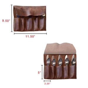 Hide & Drink, Leather Cutlery Roll / For PicNic / Restaurants / Cafés / Home & Office / Traveling / Camping, Handmade - Bourbon Brown