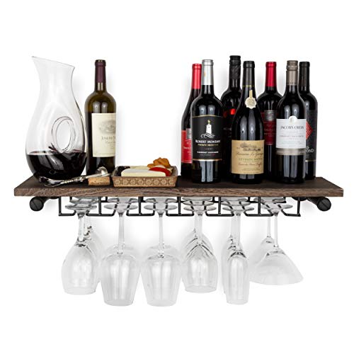 Rustic State Wall Mounted Reclaimed Wood Floating Wine Bottle Rack with Glassware Holder Stemware Shelf Storage Organizer - Home, Kitchen, Dining Room Bar Décor - Walnut