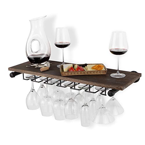 Rustic State Wall Mounted Reclaimed Wood Floating Wine Bottle Rack with Glassware Holder Stemware Shelf Storage Organizer - Home, Kitchen, Dining Room Bar Décor - Walnut