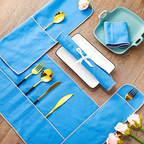 17 Pieces Silver Storage Bags Anti Tarnish Silver Protector Bags Silverware Bags Blue Holder for Silverware Place Setting Roll Flatware Storage Organizer with White Ribbon for Utensils, 3 Styles