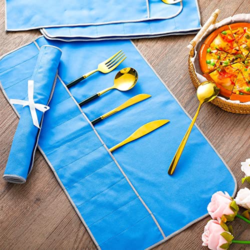 17 Pieces Silver Storage Bags Anti Tarnish Silver Protector Bags Silverware Bags Blue Holder for Silverware Place Setting Roll Flatware Storage Organizer with White Ribbon for Utensils, 3 Styles