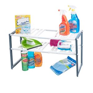 stalwart adjustable under sink shelf organizer unit, 11.325″x17.75″x15.325″, white & gray