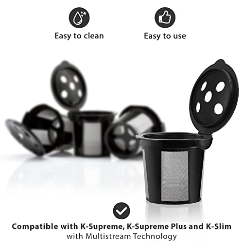 4 Reusable K Cups for Keurig K Supreme, K Supreme Plus and K Slim with Multistream Technology - 4 Black Refillable Kcups Coffee Filters for Keurig Coffee Makers