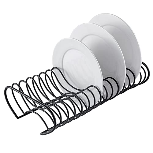 MyGift 14 Slot Modern Matte Black Coated Metal Wire Dish Storage Organizer - Flat Dinner Plates Rack Display for Kitchen Counters and Cabinets