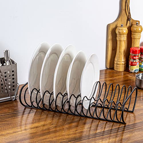 MyGift 14 Slot Modern Matte Black Coated Metal Wire Dish Storage Organizer - Flat Dinner Plates Rack Display for Kitchen Counters and Cabinets