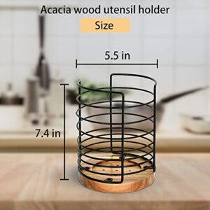 Utensil Holder for Kitchen Counter, Black Wire Kitchen Utensil Holder with Acacia Wooden Base, Large Countertop Utensil Holder Cooking Utensil Holder, Wire Kitchen Utensil Organizer for Countertop