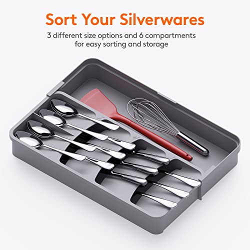 Lifewit Silverware Drawer Organizer, Expandable Utensil Tray for Kitchen, Adjustable Flatware and Cutlery Holder, Compact Plastic Storage Organization for Spoons Forks Knives, Gray