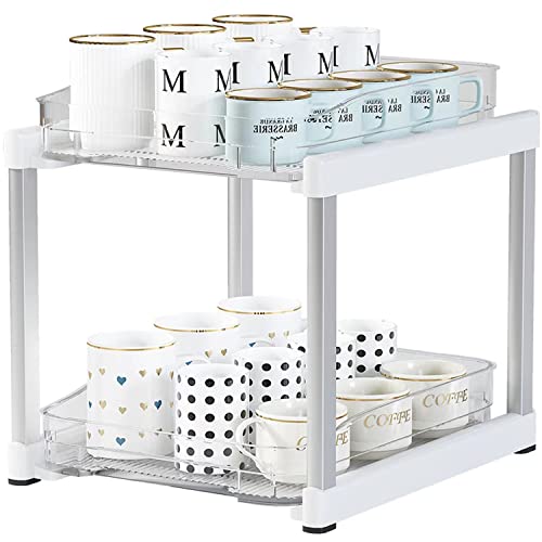 Nyxozonny 2-Tier Pull-Out Sliding Under Sink plastic Stackable Organizer for Bathroom & Cabinet & Kitchen Storage,Plastic Drawer & ABS Pole, Anti-Rust,White