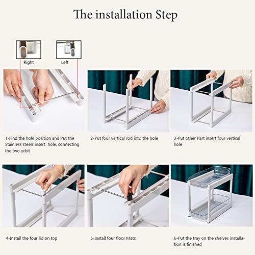 Nyxozonny 2-Tier Pull-Out Sliding Under Sink plastic Stackable Organizer for Bathroom & Cabinet & Kitchen Storage,Plastic Drawer & ABS Pole, Anti-Rust,White