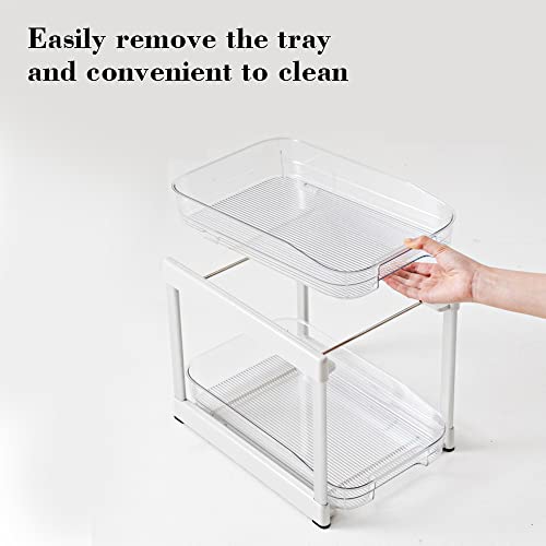 Nyxozonny 2-Tier Pull-Out Sliding Under Sink plastic Stackable Organizer for Bathroom & Cabinet & Kitchen Storage,Plastic Drawer & ABS Pole, Anti-Rust,White