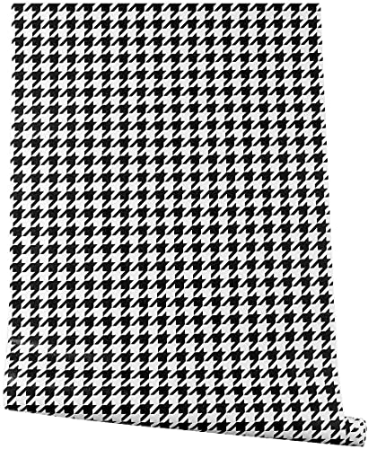 Self Adhesive Vinyl Black and White Houndstooth Plaid Shelf Liner Contact Paper for Cabinets Dresser Drawer Cupboard Door Bookshelves Funiture Table Walls Decor 17.7x117 Inches