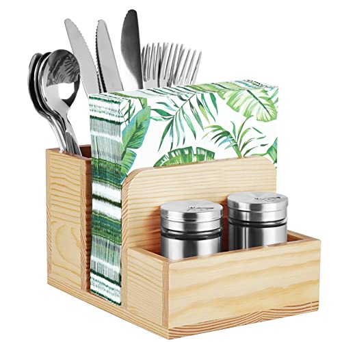 Silverware Holder,Wooden Silverware Caddy and Napkin Holder,Countertop Silverware Organizer with Salt and Pepper Shakers,Multi-Purpose Utensil Holder for Party,Farmhouse Kitchen Decor,Dinning,Banquet