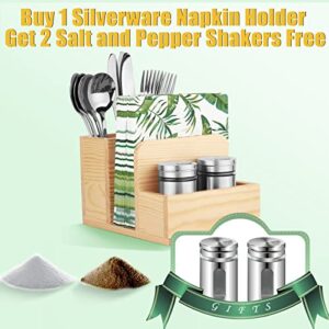 Silverware Holder,Wooden Silverware Caddy and Napkin Holder,Countertop Silverware Organizer with Salt and Pepper Shakers,Multi-Purpose Utensil Holder for Party,Farmhouse Kitchen Decor,Dinning,Banquet