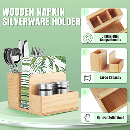 Silverware Holder,Wooden Silverware Caddy and Napkin Holder,Countertop Silverware Organizer with Salt and Pepper Shakers,Multi-Purpose Utensil Holder for Party,Farmhouse Kitchen Decor,Dinning,Banquet