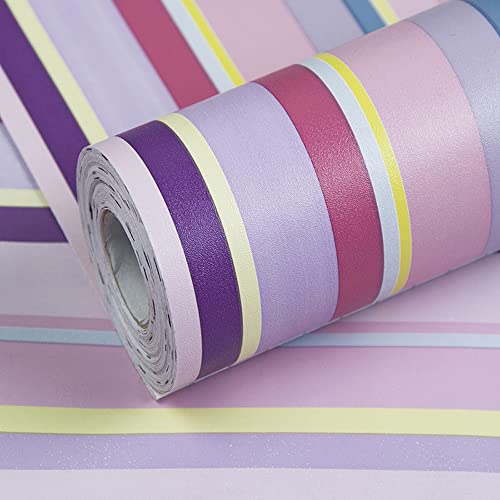 PoetryHome Self Adhesive Vinyl Seven Colors Stripe Peel & Stick Wallpaper Shelf Liner for Walls Nursery Girls Bedroom Cabinets Dresser Drawer Furniture Decal Removable Waterproof 17.7x117 Inche