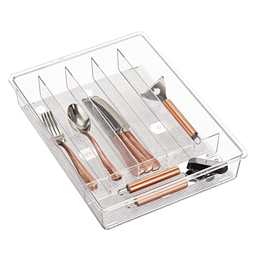 mDesign Plastic 6-Section Compact In-Drawer Utensil Storage Organizer Tray for Kitchen, Pantry; Holder for Silverware, Cutlery, Flatware, Large & Small Utensils, Spoon, Fork - Ligne Collection - Clear