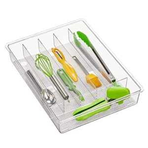 mDesign Plastic 6-Section Compact In-Drawer Utensil Storage Organizer Tray for Kitchen, Pantry; Holder for Silverware, Cutlery, Flatware, Large & Small Utensils, Spoon, Fork - Ligne Collection - Clear