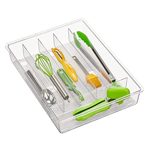 mDesign Plastic 6-Section Compact In-Drawer Utensil Storage Organizer Tray for Kitchen, Pantry; Holder for Silverware, Cutlery, Flatware, Large & Small Utensils, Spoon, Fork - Ligne Collection - Clear