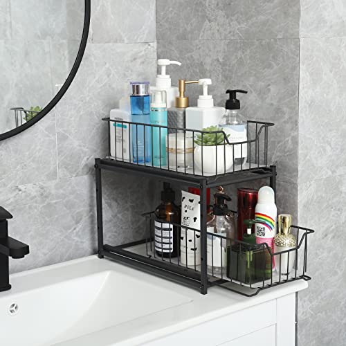 MAX Houser Stackable 2-Tier Under Sliding Cabinet Basket Organizer,Storage Under Cabinet Bathroom Under Sink Organizers and Storage Drawers Organizer for Bathroom Kitchen (Charcoal Grey)