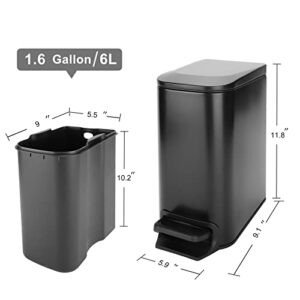 Cesun Small Bathroom Trash Can with Lid Soft Close, Step Pedal, 6 Liter / 1.6 Gallon Stainless Steel Garbage Can with Removable Inner Bucket, Anti-Fingerprint Finish (Matt Black)