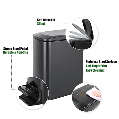 Cesun Small Bathroom Trash Can with Lid Soft Close, Step Pedal, 6 Liter / 1.6 Gallon Stainless Steel Garbage Can with Removable Inner Bucket, Anti-Fingerprint Finish (Matt Black)