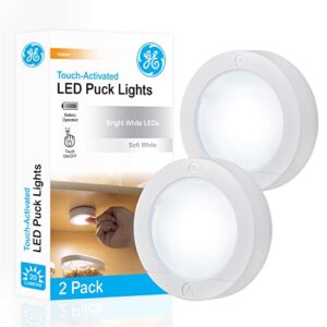 ge wireless led puck lights, 2 pack, battery operated, 20 lumens, touch light, tap light, stick on lights, under cabinet lighting, ideal for kitchen cabinets, closets, garage and more, 25434