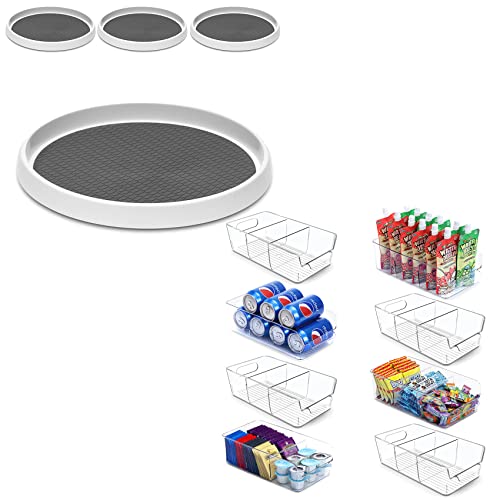 [ 4 Pack ] 12 Inch Non-Skid Turntable Lazy Susan Organizers + Set of 8, Stackable Clear Bins with Removable Dividers - Pantry Food Snack Organization and Storage - Multi-Purpose Plastic Home Organizer