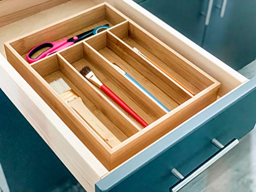 Drawer Organizer By Kozy Kitchen| 100% Organic Bamboo| Premium Cutlery and Utensil Tray| Perfect For The Kitchen, Bathroom, Desk, etc.| Kitchen Drawer Divider with 5 Compartments