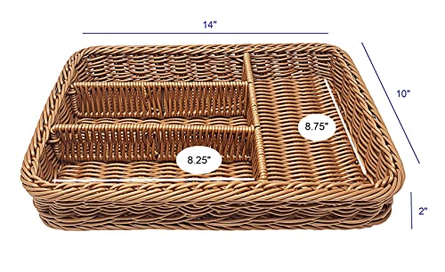 KOVOT Poly-Wicker Divided Basket Tray For Storage, Food or Cutlery, Drawer Insert Compartment Organizer Woven Polypropylene - 14"L x 10"D x 2"H