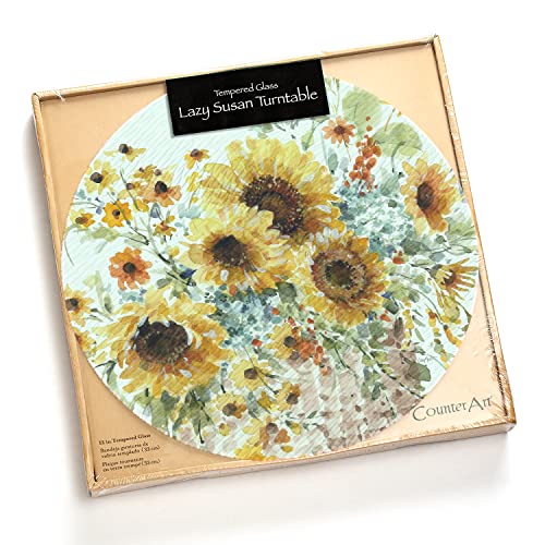 CounterArt Sunflowers Forever 4mm Heat Tolerant Tempered Glass Lazy Susan Turntable 13" Diameter Condiment Caddy Cake Plate Pizza Server