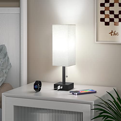 Aooshine Bedside Table Lamp with 3 Levels Brightness - 2700/3500/5000K Small Lamp with USB C+A Ports, Nightstand Light with 3 Color Modes by Pull Chain, Bedroom Lamp for Living Read(LED Bulb Included)