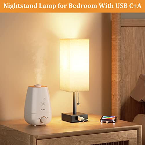 Aooshine Bedside Table Lamp with 3 Levels Brightness - 2700/3500/5000K Small Lamp with USB C+A Ports, Nightstand Light with 3 Color Modes by Pull Chain, Bedroom Lamp for Living Read(LED Bulb Included)