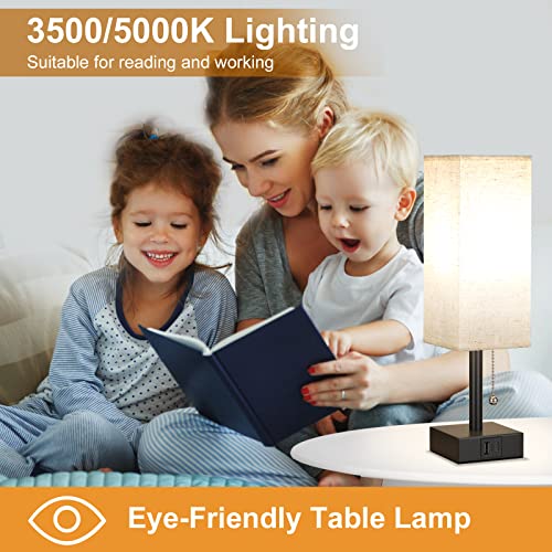 Aooshine Bedside Table Lamp with 3 Levels Brightness - 2700/3500/5000K Small Lamp with USB C+A Ports, Nightstand Light with 3 Color Modes by Pull Chain, Bedroom Lamp for Living Read(LED Bulb Included)