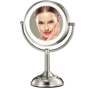 professional 8.5″ large lighted makeup mirror updated with 3 color lights, 1x/10x magnifying swivel vanity mirror with 48 premium led lights, brightness dimmable cosmetic mirror, senior pearl nickel