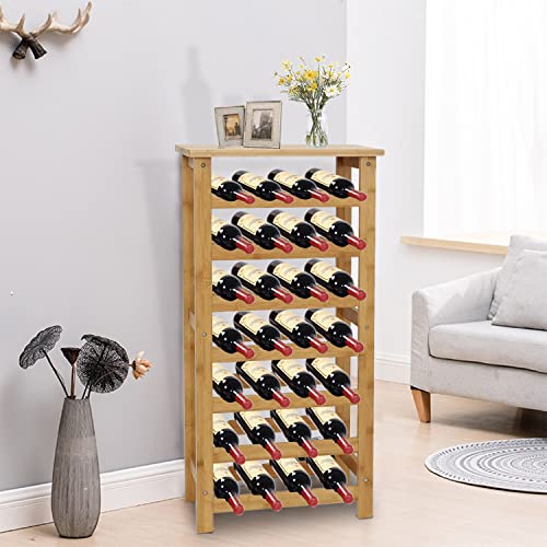 Kinfant Bamboo Freestanding Wine Racks - 7-Tier Standing Storage Organizer with Display Shelf 28 Bottles Holder