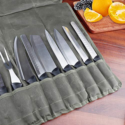 Waterproof Waxed Canvas Chef’s Knife Roll Bag With 11 Slots for Kitchen Knife Tools Up To 18.8”/Portable Chef Knife Cases(Army Green)