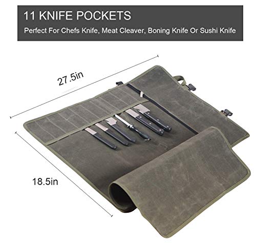 Waterproof Waxed Canvas Chef’s Knife Roll Bag With 11 Slots for Kitchen Knife Tools Up To 18.8”/Portable Chef Knife Cases(Army Green)