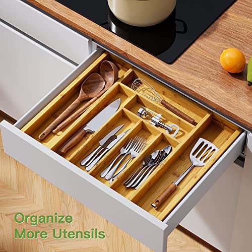 Bamboo Expandable Drawer Organizer for Utensils Holder, Adjustable Cutlery Tray, Wood Drawer Dividers Organizer for Silverware, Flatware, Knives in Kitchen, Bedroom, Living Room by Sensil Home