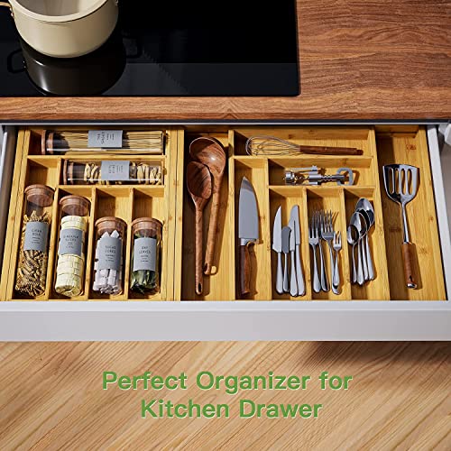 Bamboo Expandable Drawer Organizer for Utensils Holder, Adjustable Cutlery Tray, Wood Drawer Dividers Organizer for Silverware, Flatware, Knives in Kitchen, Bedroom, Living Room by Sensil Home