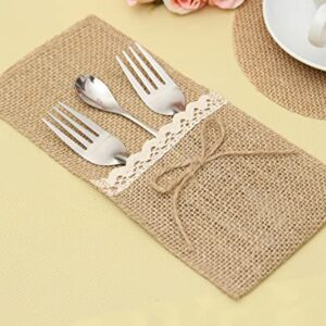 Samanter Burlap Lace Bow Utensil Holders 10Pcs Silverware Cutlery Pouch Knifes Forks Bag for Vintage Natural Wedding