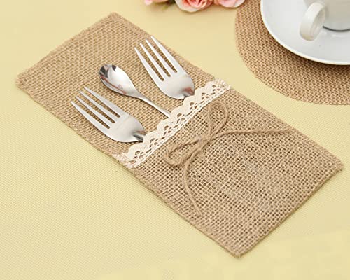 Samanter Burlap Lace Bow Utensil Holders 10Pcs Silverware Cutlery Pouch Knifes Forks Bag for Vintage Natural Wedding