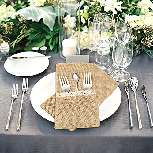 Samanter Burlap Lace Bow Utensil Holders 10Pcs Silverware Cutlery Pouch Knifes Forks Bag for Vintage Natural Wedding