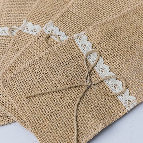 Samanter Burlap Lace Bow Utensil Holders 10Pcs Silverware Cutlery Pouch Knifes Forks Bag for Vintage Natural Wedding