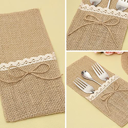 Samanter Burlap Lace Bow Utensil Holders 10Pcs Silverware Cutlery Pouch Knifes Forks Bag for Vintage Natural Wedding