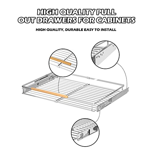 FESDOS Expandable Pull Out Cabinet Organizer Heavy Duty Under Sink Storage Basket Slide Out Cabinet Shelves Sliding Drawer Storage For Kitchen, Bathroom, Wardrobe, Wire Frame, Chrome Finish, Set of 1